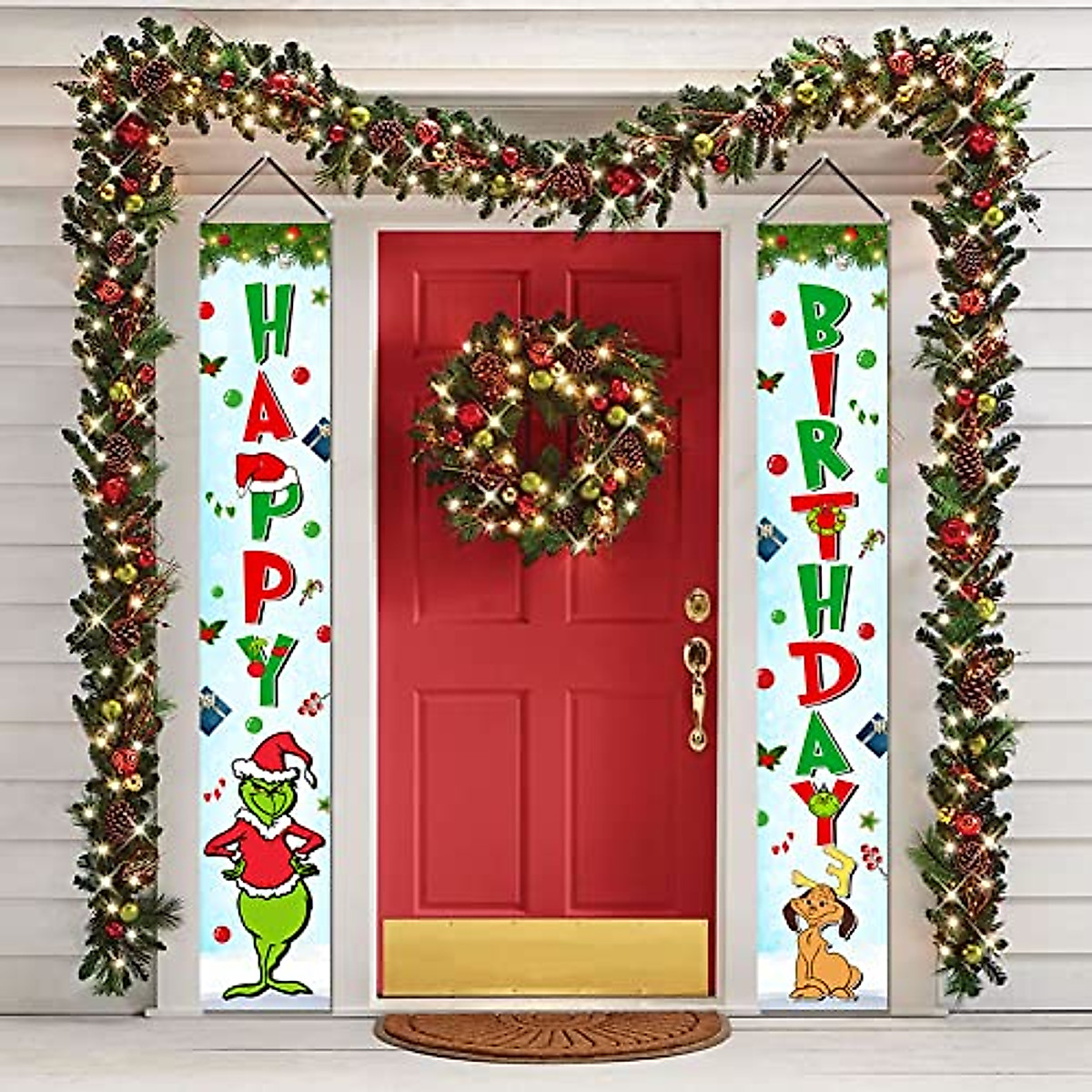 Christmas Happy Birthday Porch Sign Banner, Christmas Decorations Green Monster Door Banner Welcome Porch Sign for Front Door Outside Yard Christmas New Year Birthday Party Supplies