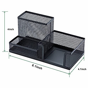 Yunqing Black Mesh Pen Holder - Multipurpose Mesh Desk Organizers Large Capacity Office Supplies with Sticky Notes Holder and 3 Compartments 4 Non-slip Mats Easy Storage Suitable for School, Home