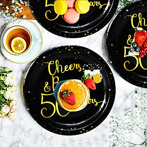 50Pcs 50th Birthday Plates 50th Birthday Party Supplies 7"50th Dessert Plate Cheers to 50 Years Cake Plates for Cheers & Beers Black Gold Theme 50th Birthday Anniversary Whiskey Party Decoration(50th)