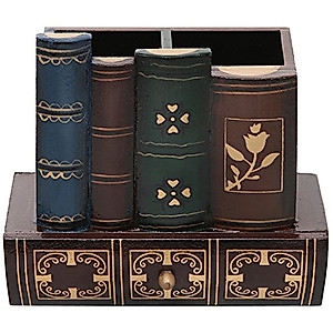 MyGift Decorative Desk Organizer Caddy, Pencil and Pen Holder with Bottom Storage Drawer and Antique Library Books Design