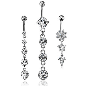 YOVORO 3PCS 14G 316L Stainless Steel Belly Button Rings for Women Navel Rings Barbell Dangle Flower CZ Body Piercing S