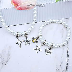 JSEA 8mm Faux Pearl Necklace Elastic Bracelet Jewelry Set Beige White Pink Fake Pearl Jewelry