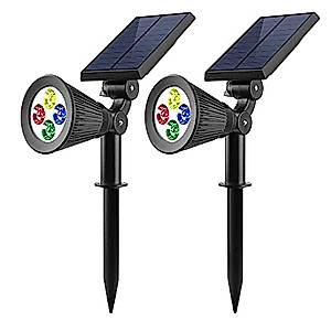 F-TECK Solar Spotlights, 2-in-1 Colored Adjustable 4 LED Wall/Ground Landscape Solar Lights with Automatic On/Off Sensor Dusk to Dawn, 2 Pack