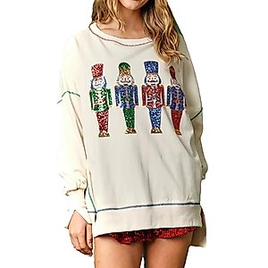 Glkaend Women's Cute Santa Christmas Sweatshirts Funny Graphic Lightweight Nutcracker Sequins Long Sleeve Pullover Hoodies,White,M