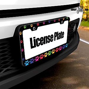DZGlobal Paw Print Dog Cat Pattern License Plate Frame License Plate Covers Humor Car Tag Frame 2 Holes and Screws Black Personalized Car Accessories for Pet Lovers (Rainbow paw B)