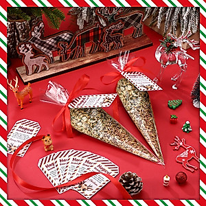 Dansydaisy 100 Set Magic Reindeer Food Christmas Treat Bag with Tag and Red Ribbon Christmas Party Favor Goodie Cone Bags with Labels Twist Ties Plastic Reindeer Food Bags for Xmas Gift Wrapping