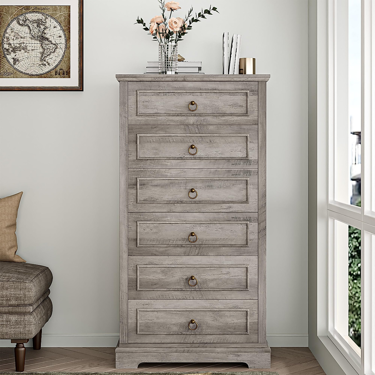 HOSTACK 6 Drawers Dresser, 52" Tall Dresser, Vertical 6 Drawer Dresser, Modern Farmhouse Chest of Drawers, Wood Closet Dresser Storage Dresser Chest for Living Room, Hallway, Entryway, Ash Grey