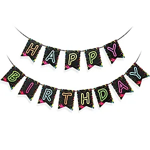 Glow Party Happy Birthday Banner Decoration（Already Assembled）, 80s Birthday Banner Glow Party Decorations, Glow in the Dark Party Supplies, Neon Party Birthday Decorations