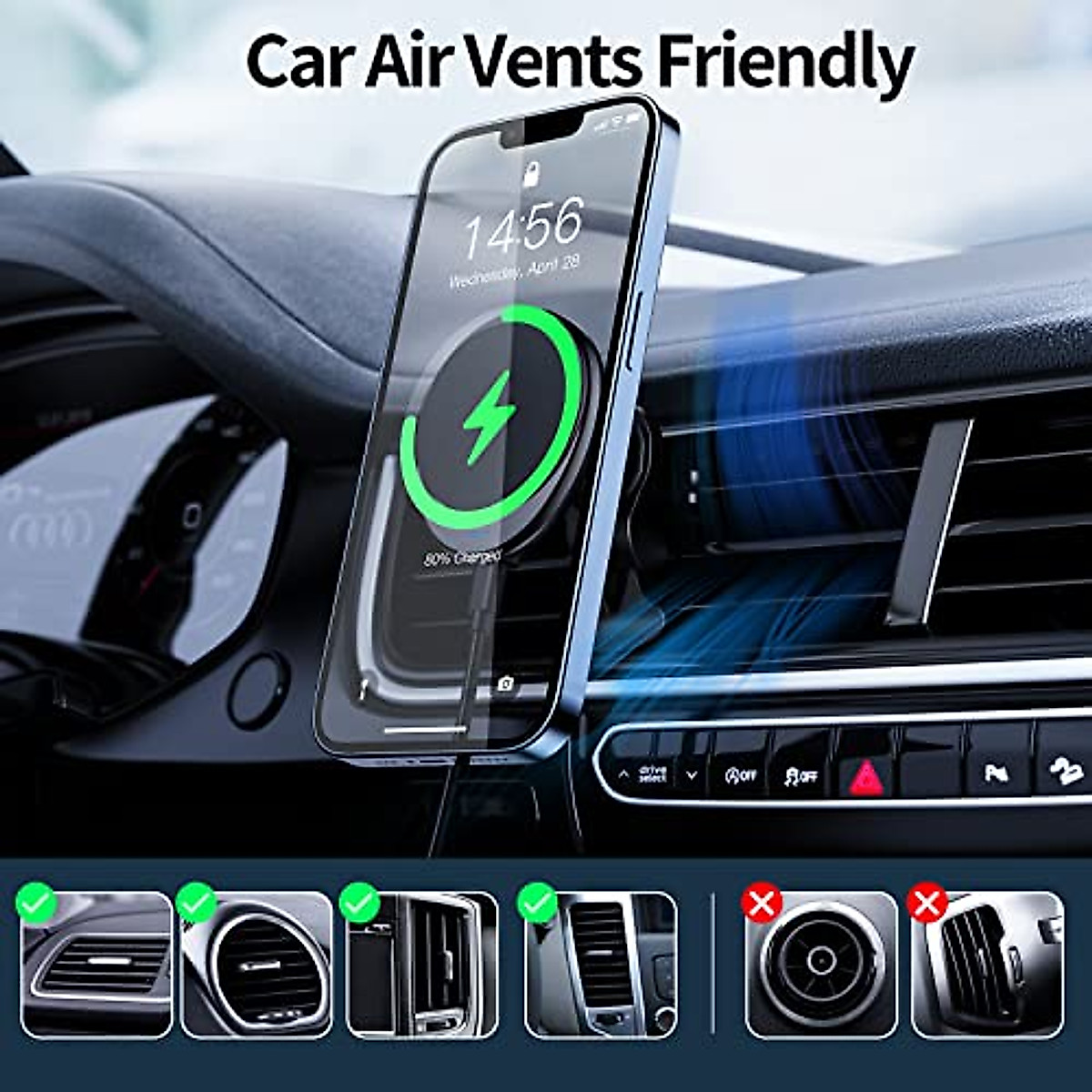 Qaqvav Magnetic Phone Holder for Car, Compatible with MagSafe Wireless Charger, 360° Adjustable Strong Magnetic for Car iPhone Holder Mount, Fit for iPhone 14 13 12 Pro Plus Max Mini