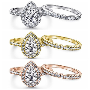 Engagement Ring Sets for Women Bridal Ring Set, 2 Carat Center Pear Moissanite Wedding Ring Set 925 Sterling Silver 10K 14K 18K Gold (925 Sterling Silver)