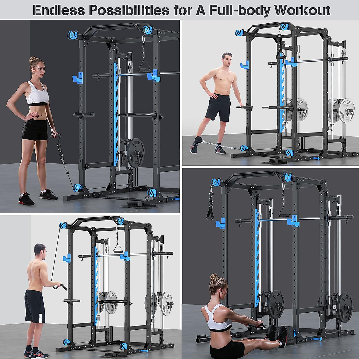 Multifunctional Power Cage Rack with Cable Crossover/Smith Machine System, LAT-Pull Down System,Squat Rack and More Training Attachments for Home Gym