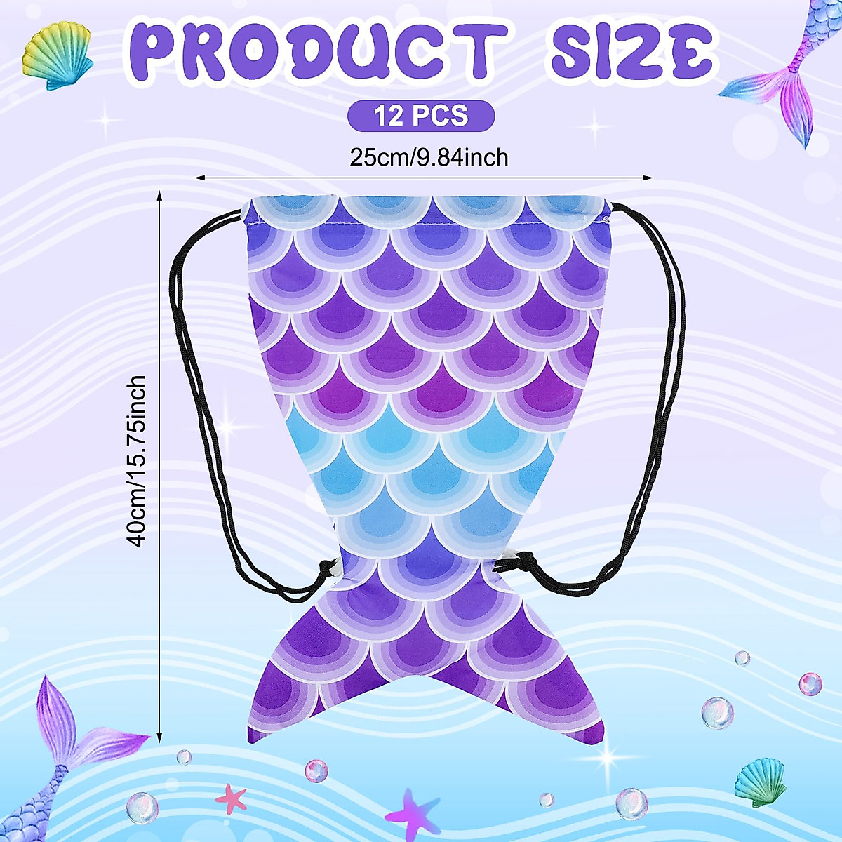 Silkfly 12 Pcs Mermaid Party Favor Bags Bulk Mermaid Drawstring Backpack Gift Cloth Bags Purple Blue Gradient Mermaid Beach Bag for Girls Kid Gift Party Baby Shower Birthday Supply