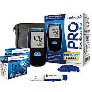 Embrace PRO Diabetes Testing Kit - Embrace PRO Blood Glucose Meter, 100 Blood Test Strips, 1 Lancing Device, 30 Gauge Lancets-100 Count and Carrying Case…