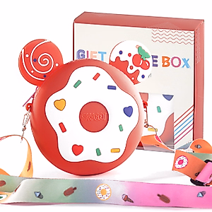 CONTRACONTACT Sweet Kids Purse Donut Bag in Boxes as Gift, Donuts Purses as Kids Toys for Age 3 4 5 Year Old, Doughnut Crossbody as Trendy Stuff (Donut Red)