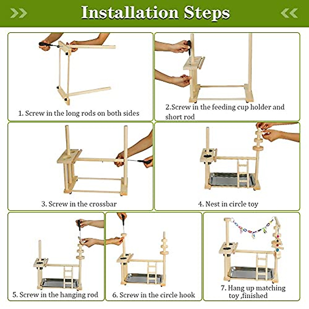 Olpchee Bird Playground Parrot Playstand Bird Play Stand Wood Perch Gym Playpen Ladder with Feeder Cups Toys for Cockatiel Parakeet - Include Tray