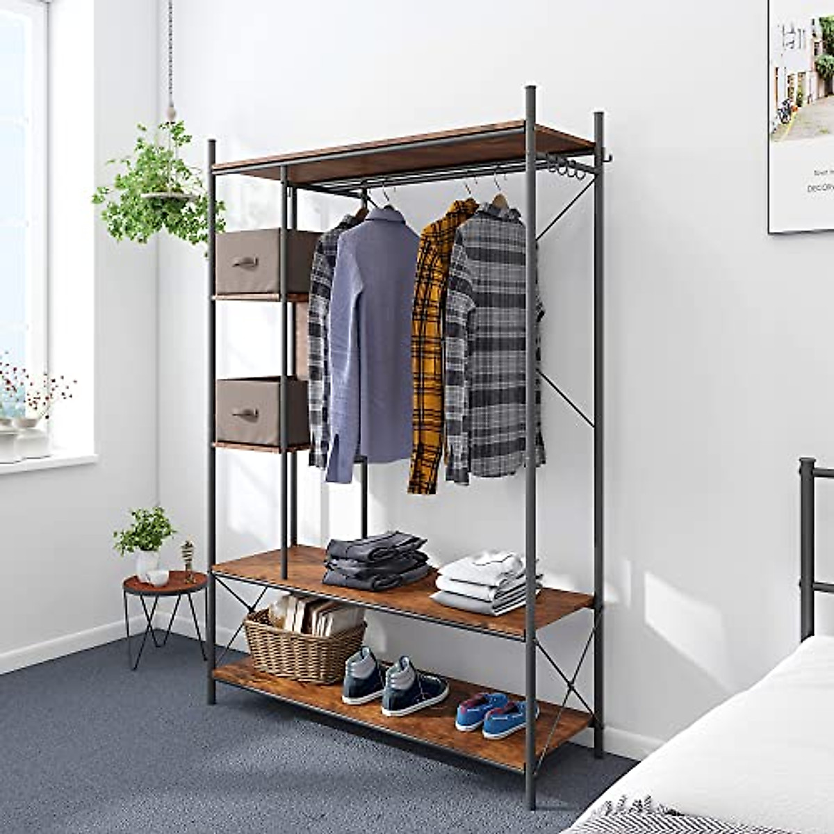 PAUKIN Industrial Entryway Hall Trees with Hooks, Storage Shelves and Shoes Bench, Freestanding Closet Organizer Clothes Rack with Coat Rack, Closet Garments Shelf for Hallway, Bedroom