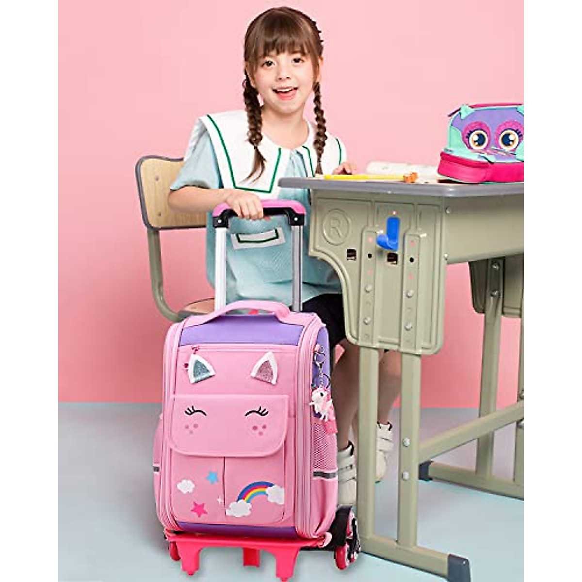 Tanou Girls Rolling Backpack with 6 Wheels, 16 Inch Lightweight Roller Backpacks for Girls Elementary, Carry-on Wheeled Backpack for School Travel, Over 4 Years Old, Pink Purple