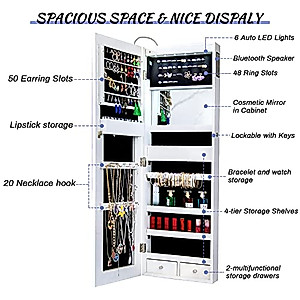 KEDLAN Upgraded Jewelry Organizer with Bluetooth Speaker, Wall/Door Mounted Jewelry Armoire, Full Length Lighted Mirror with Jewelry Cabinet,Jewelry Box with Time and Temperature Display