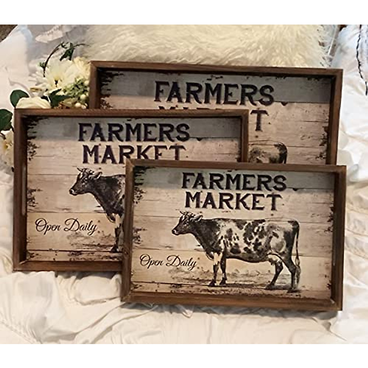 DeliDecor Large Decorative Serving Trays with Handle, Set of 3 Nesting Rustic Wooden Organizer Distressed Farmers Market Farmhouse Decor with Cow Pattern, Coffee Food Platters, Open Daily 17"x12.5"
