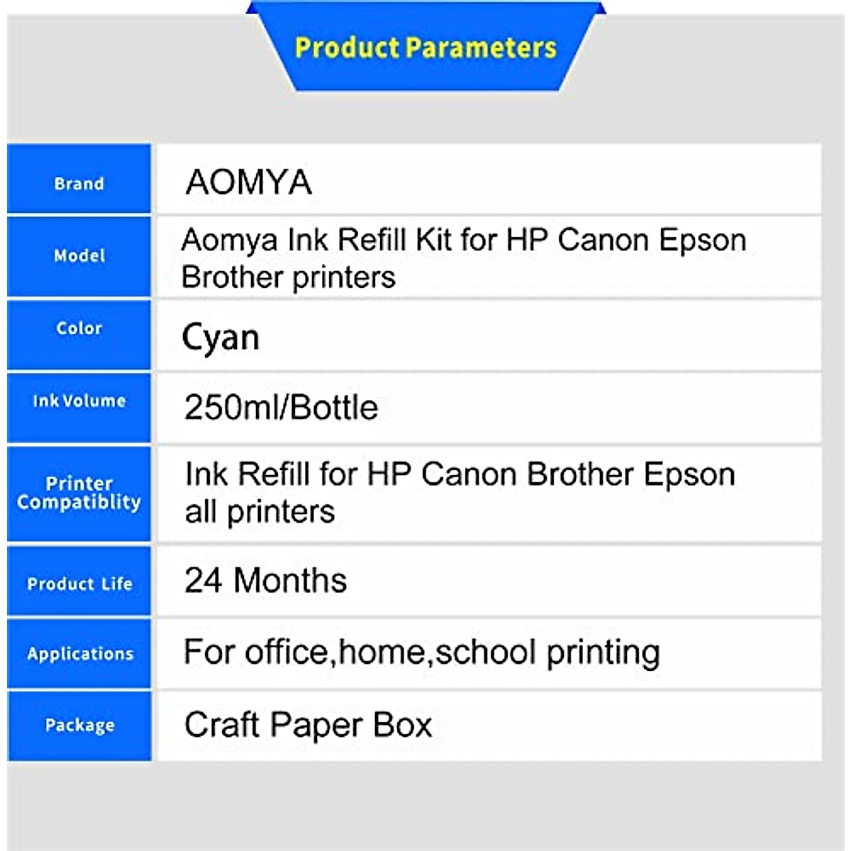 Aomya Ink Refill Kit 250ml Cyan Universal Dye Bulk Ink for Canon HP Epsn Brother Inkjet Printers Refillable Cartridge CISS CIS System (9 oz) with Syringe&Glove