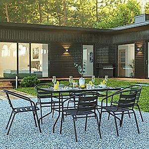 Flash Furniture Patio Dining Set, 55" Tempered Glass Table with Umbrella Hole, 6 Black Metal Aluminum Slat Stack Chairs
