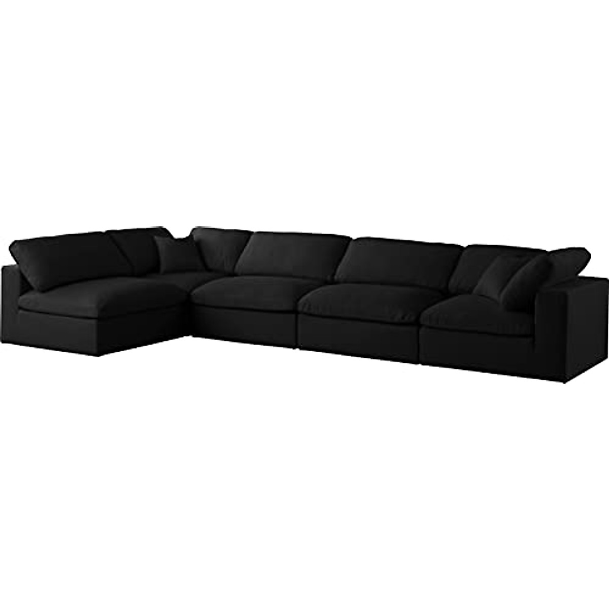 Meridian Furniture Plush Collection Contemporary Down Filled Cloud-Like Comfort Overstuffed Velvet Upholstered Modular L-Shaped Sectional, 5-Seater, Semi-Armless, Black