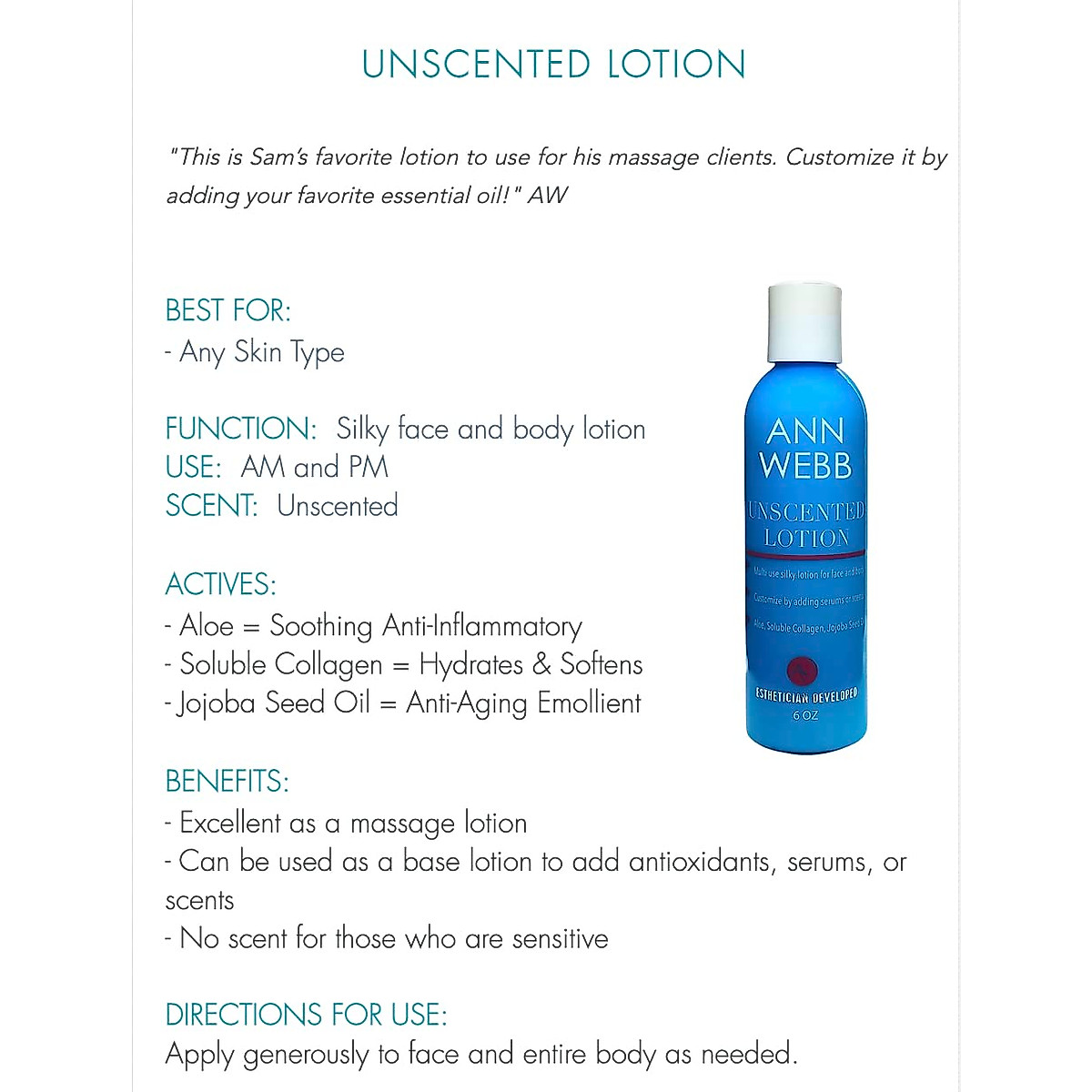 Ann Webb Unscented Lotion for Dry Skin- Fragrance Free, Hypoallergenic, Organic, All-Natural, Non-Greasy Lotion for Sensitive, Dry Skin - Face & Body Lotion - Formerly Skin Lotion 16oz