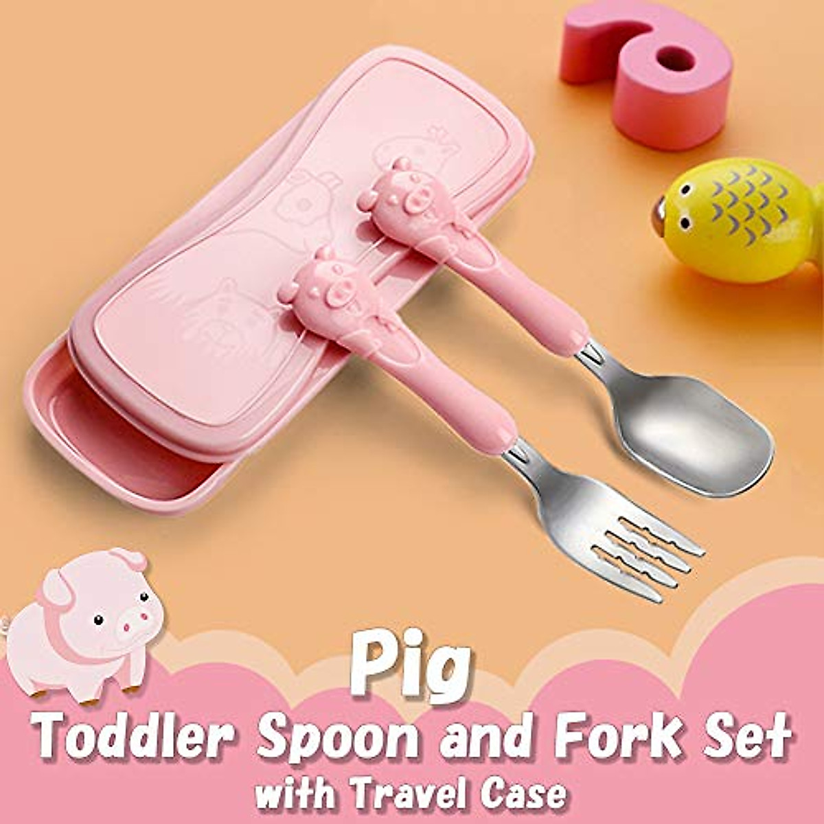 Toddler Utensils Kids Spoon and Fork Set 18/8 Stainless Steel Silverware BPA Free Cute Pig Child Flatware with Travel Case for Age 3+