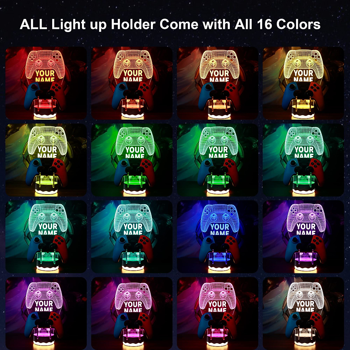 Light up Headphone Controller Holder, 16 Colors 3D LED Lights Gamepad Stand, Game Controller Hanger for All Universal Gaming PC Accessories (Customize Headphone & Controller Holder)
