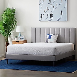 Lucid Queen Bedframe with Vertical Channeled Headboard — Upholstered Platform Bed — Easy Assembly — Queen Size — No Box Spring Needed — Stone Color