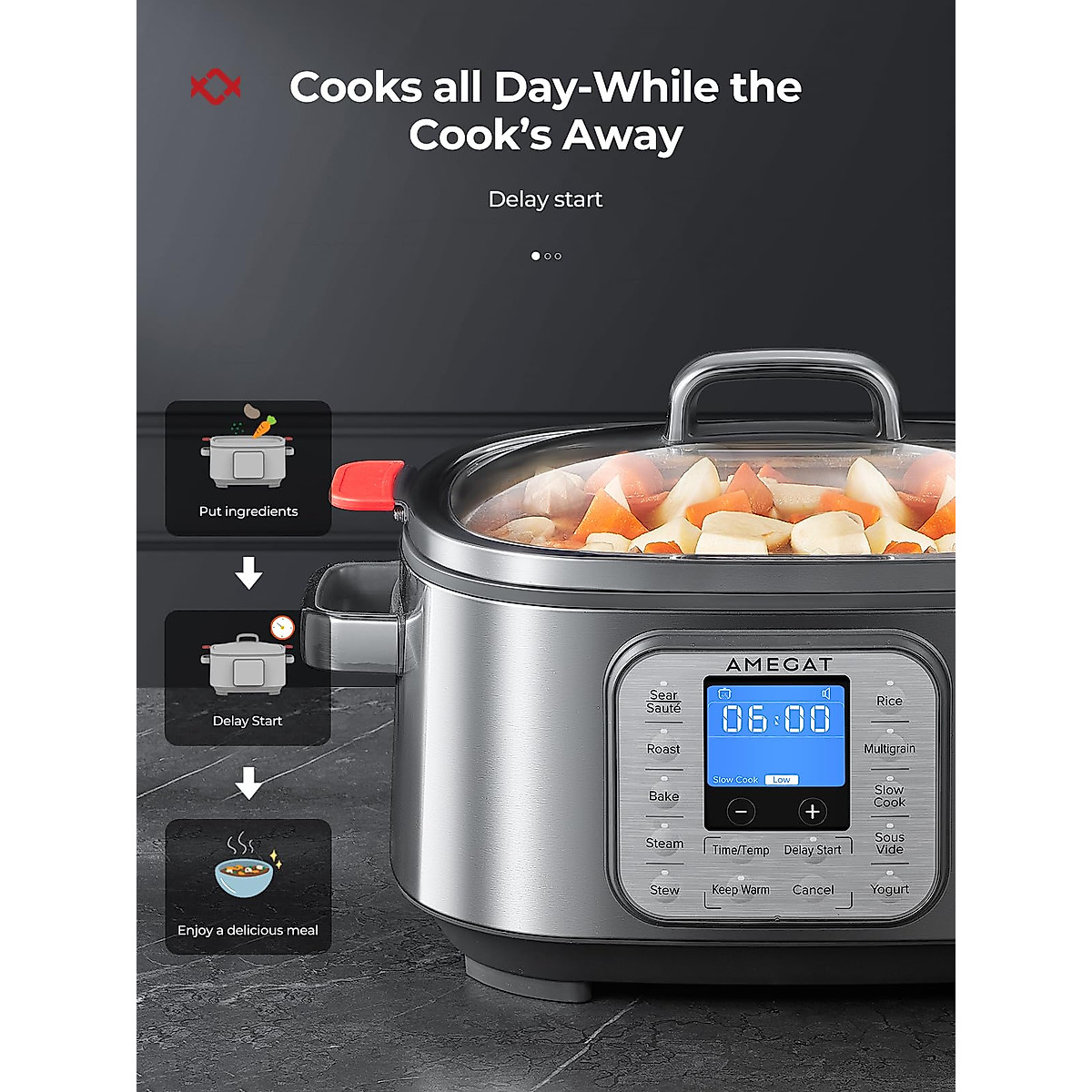 AMEGAT Slow Cooker 6 Quart, 10 in 1 Programmable Cooker, Rice Cooker, Sauté, Steamer & More, Stainless Steel Inner Pot, Steaming Rack & Glass Lid, Delay Start, Adjustable Temp & Time with LED Display