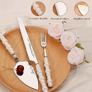 TUKDAK Pearl Wedding Cake Cutting Set with Forks, Cake Knife and Server Set with Stainless Steel Serrated Edges, Silver Pie Cutter Pizza Spatula, Gift for Bridal Couples Engagement