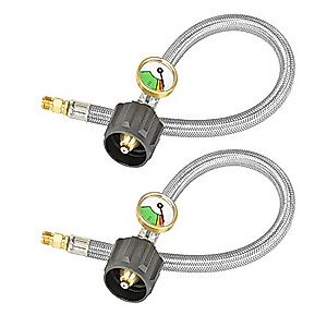 only fire 15 Inch RV Propane Hose with Gauge,Stainless Steel Propane Pigtail Connects Propane Cylinder to 2 Stage Propane Regulator or Appliance with 1/4 Inch Inverted Male Flare, 2-Pack