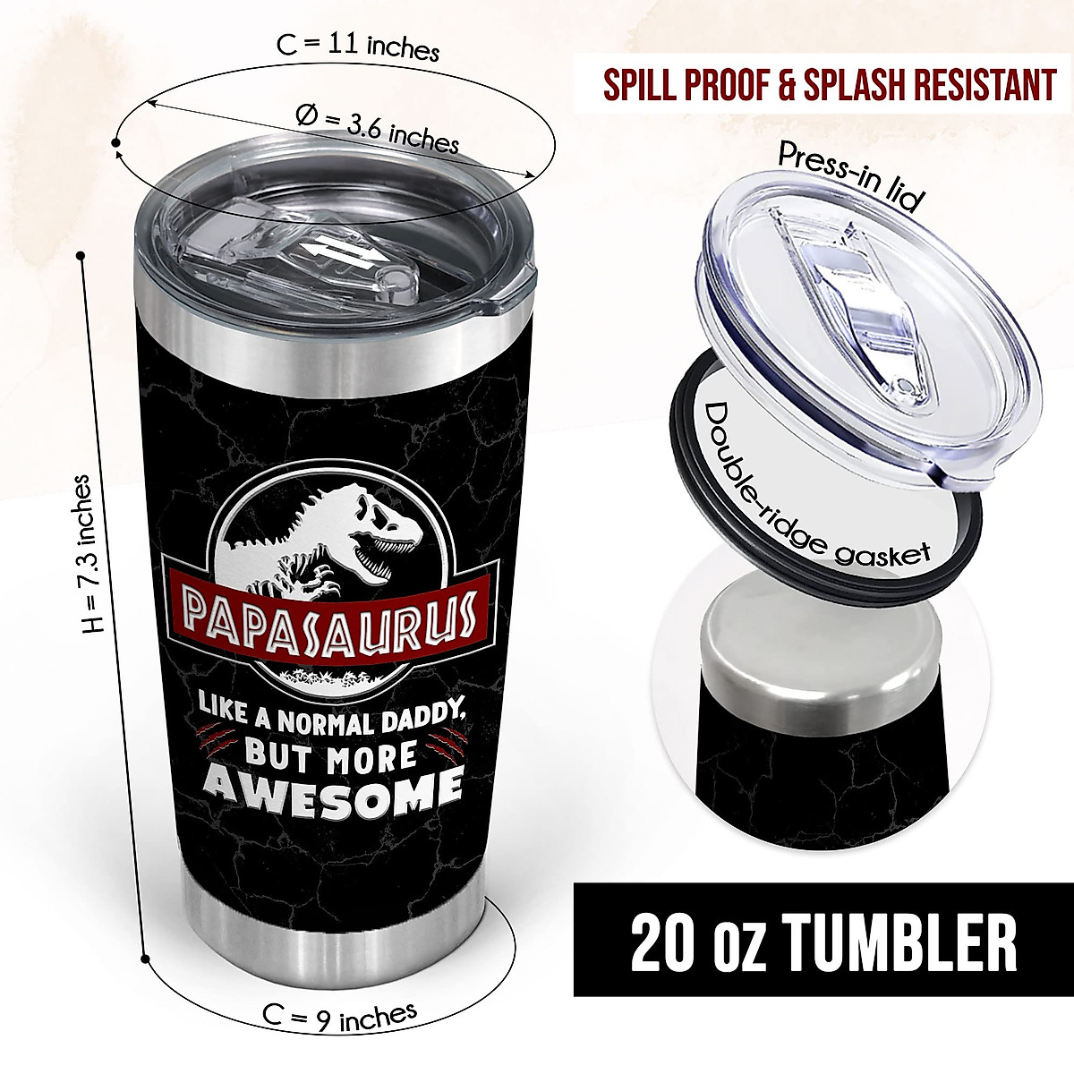 OASSIE Father's Day Gifts For Dad from Daughter Son - Saurus Papa 20 oz Stainless Steel Insulated Coffee Tumbler with Lid - Fathers Day Christmas Birthday Gifts For Dad Father Papa, Cool Stuff for Men