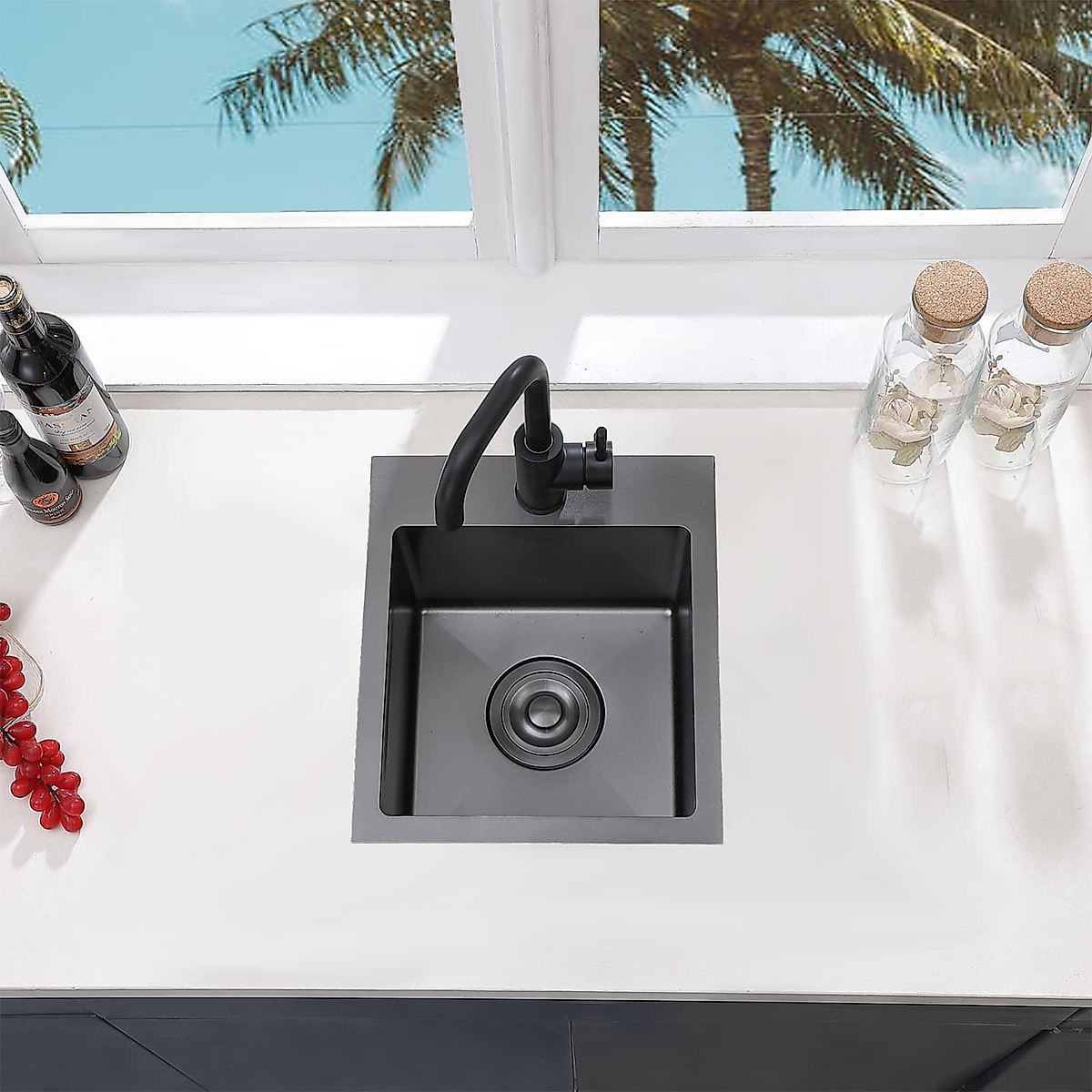 VCCUCINE Black Bar Sink Drop in, 13 x 15 Inch Topmount RV Small Kitchen Sink, Handmade Stainless Steel Wet Bar Sink, Outdoor Single Bowl Prep Sink with Dish Grid & Drain