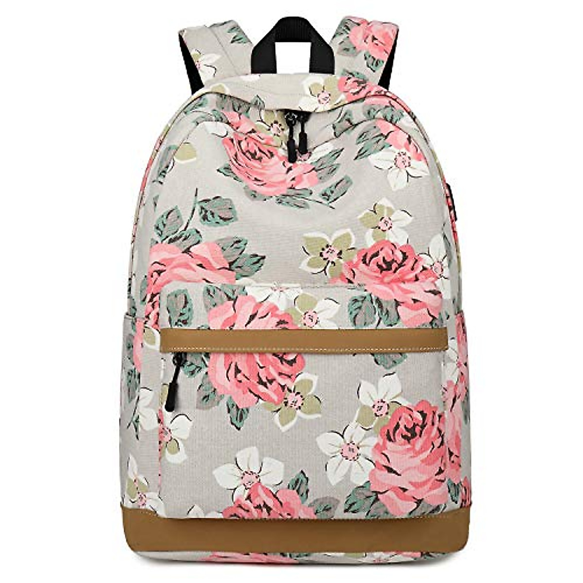 forestfish Laptop Backpacks With USB Charging Port, Large Capacity Lightweight Floral Printed College Bookbag Casual Daypack (Flower-Light Grey)