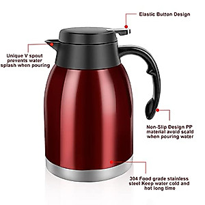 Stainless Steel Thermal Coffee Carafe Dispenser, Unbreakable Double Wall Vacuum Thermos Flask Large Capacity 56oz 1.6L Water Tea Pot Beverage Pitcher for Banquet and Easter Party(Bright Red)