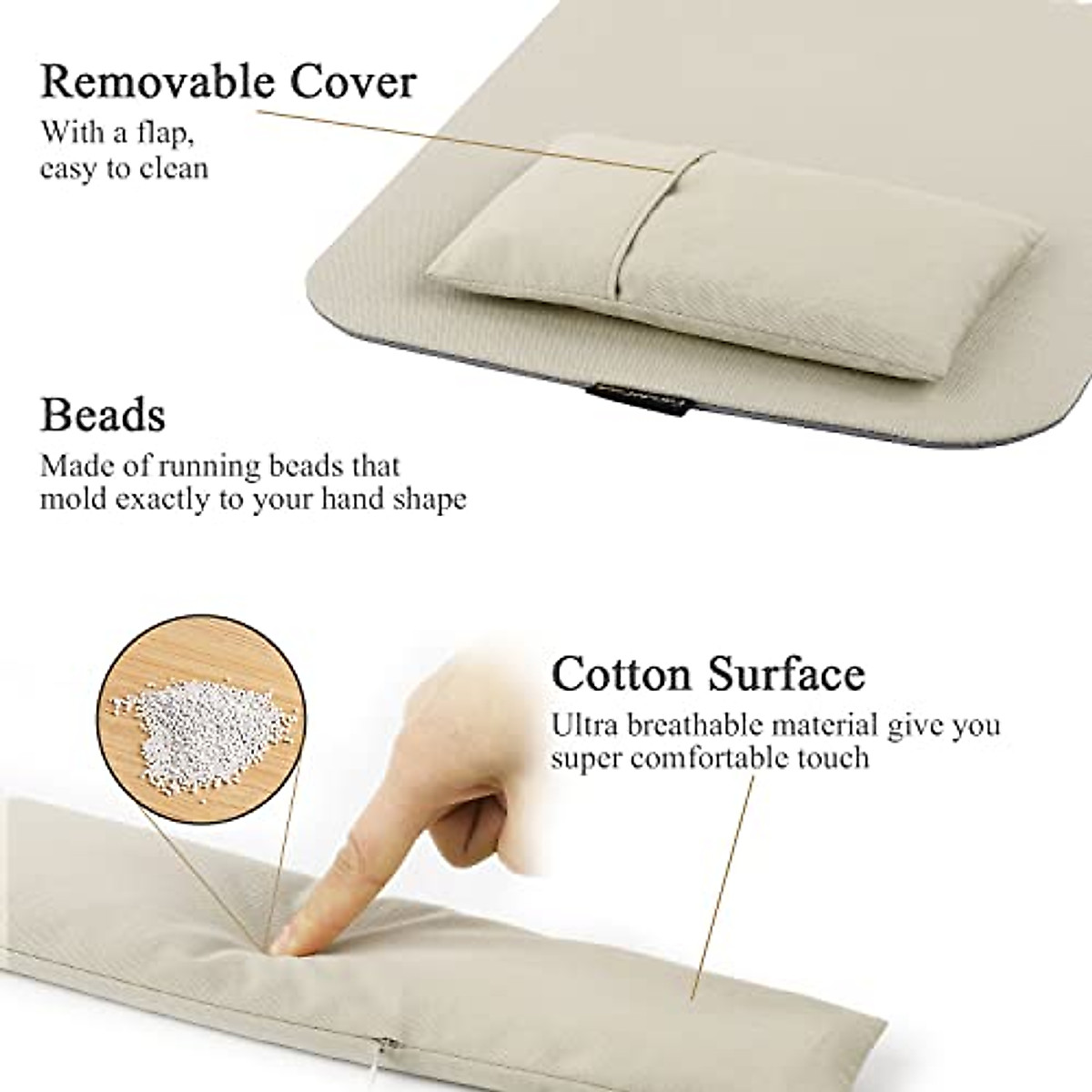 Large Mouse Pad with Wrist Support and Keyboard Wrist Rest Bean Bag Set, Ergonomic Mouse and Keyboard Arm Rest Cushion Filled Ergo Beads, Easy Typing Office (Light Khaki)