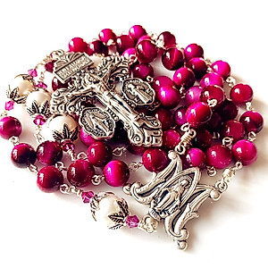 elegantmedical Handmade Red Tiger Eye Beads Sterling Silver 10mm Real Pearl Rosary Cross Necklace Catholic Gift