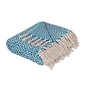 100% Cotton Throw Blanket 50x60 - Turquoise Throw Blanket with Fringe - Soft Lightweight Bed Throw for Couch, Chair - Cozy Farmhouse Throw Blanket - Decorative Throw Blanket - Home Living Room Decor