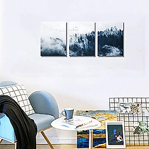 Indigo Misty Forests Wall Pictures for Bedroom Modern 3 Pieces Canvas Wall Art Mountain Forest in Fog Navy Blue Wall Decorations Minimalist Canvas Art Evergreen Coniferous Trees Gallery Wrapped