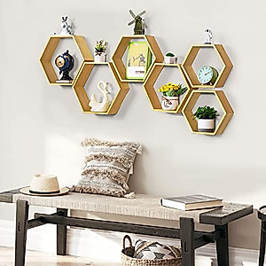 Floating Hexagon Shelves Set of 3 Hexagonal Storage Shelves Bedroom Bamboo Wall Honeycomb Floating Shelf Display Storage Rack for Wall Decor Hexagon Shelves for Living Room Hallway Farmhouse