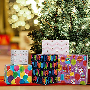 JUSTASHOW Birthday Wrapping Paper, 4 Rolls Happy Birthday Gift Wrap Papers, 17x118 Inches Per Roll Gift Wrapping Paper for Holiday, Party, Baby Shower