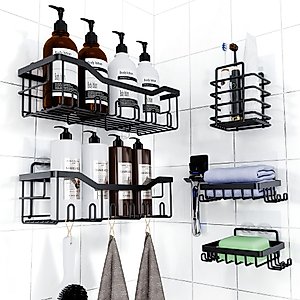 Hometu Adhesive Shower Caddy,6 Pack Rustproof Stainless Steel Bath Organizers With Large Capacity,Suction Cup Versatile Hanging Shelf,No-Drilling Bathroom Shower Organizer,Heavy Duty Shower Holder