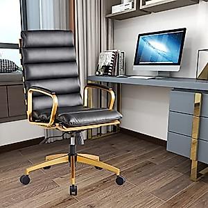 Hioryllks Modern Chair - Black Leather, Gold Frame, Adjustable, Durable, Office Use