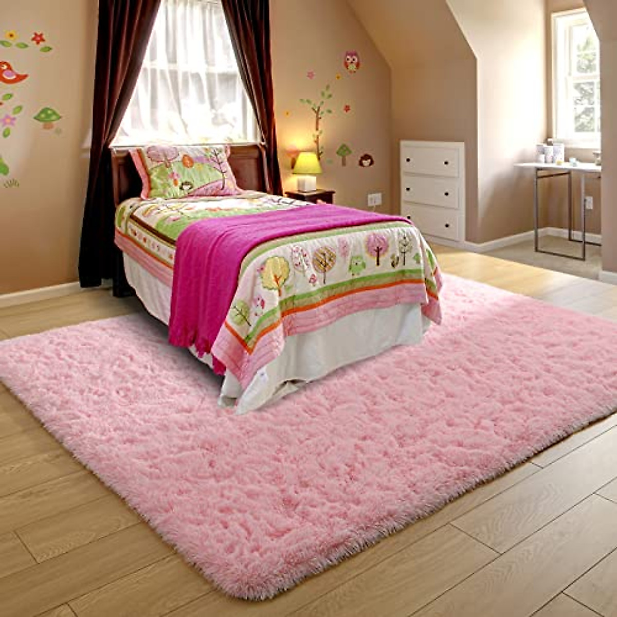 Ompaa Pink 8x10 Feet Large Area Rugs Fluffy Living Room Carpet, Wall to Wall Big Shag Pink Rug for Bedroom Girls Playroom Classroom Nursery Home Office Decor