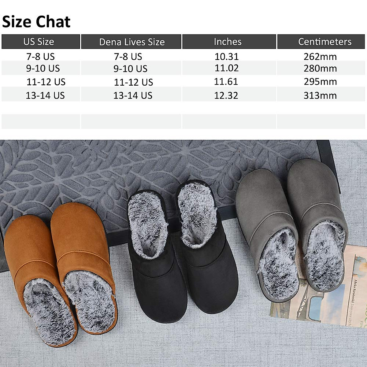 DL Memory Foam Slippers with Fuzzy Plush Lining, Slip-On House Slippers for Men & Women, Anti-Skid Rubber Sole, Indoor/Outdoor, Grey, 9-10