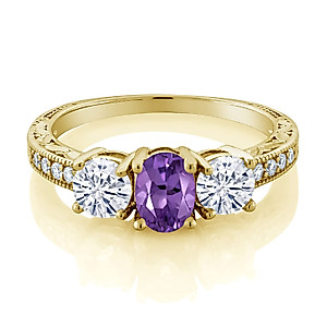 Gem Stone King 18K Yellow Gold Plated Silver 3-Stone Ring Amethyst Moissanite(1.87 Cttw) (Size 9)