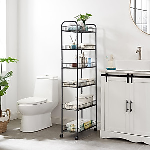 Diyrap 6 Tier Slim Rolling Storage Cart, Mobile Shelving Unit with Wheels, Metal Wire Storage Shelving Rack with Baskets for Kitchen Bathroom Office Laundry Narrow Piaces-Black