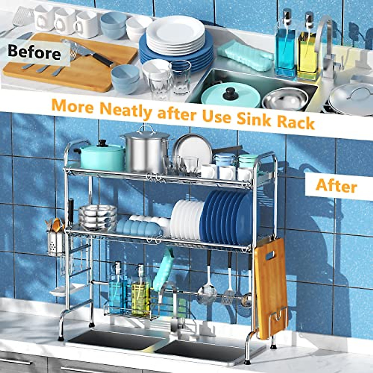 KETAZERO Over The Sink Dish Drying Rack, 2 Tier Stainless Steel Dish Drainer Rack with Cutting Board Holder Help You Save More Counter Space